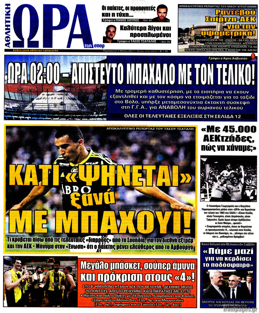 Πρωτοσέλιδο - Εφημερίδα Η Ώρα των Σπορ 5/5/2017