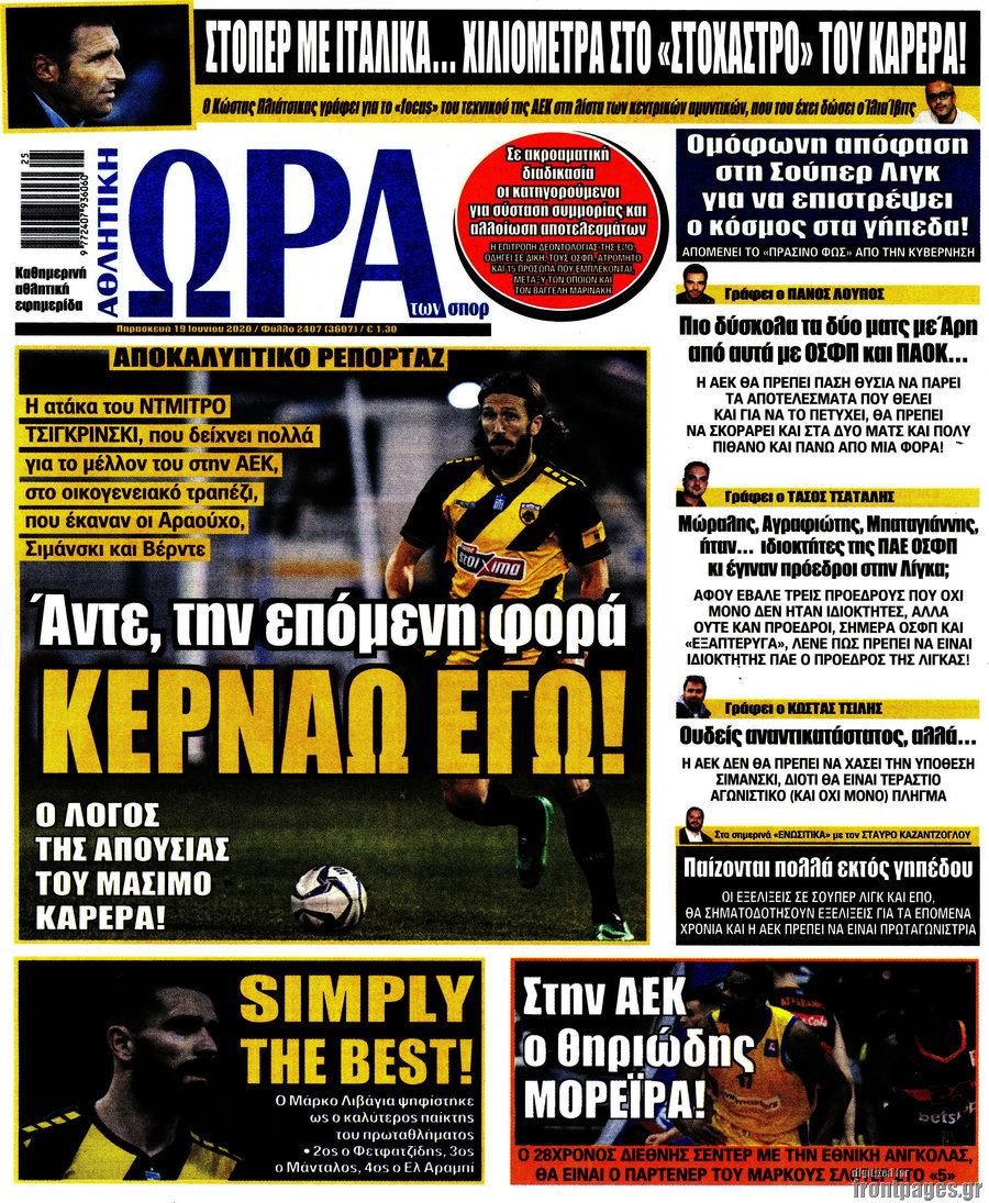 Πρωτοσέλιδο - Εφημερίδα Η Ώρα των Σπορ 19/6/2020