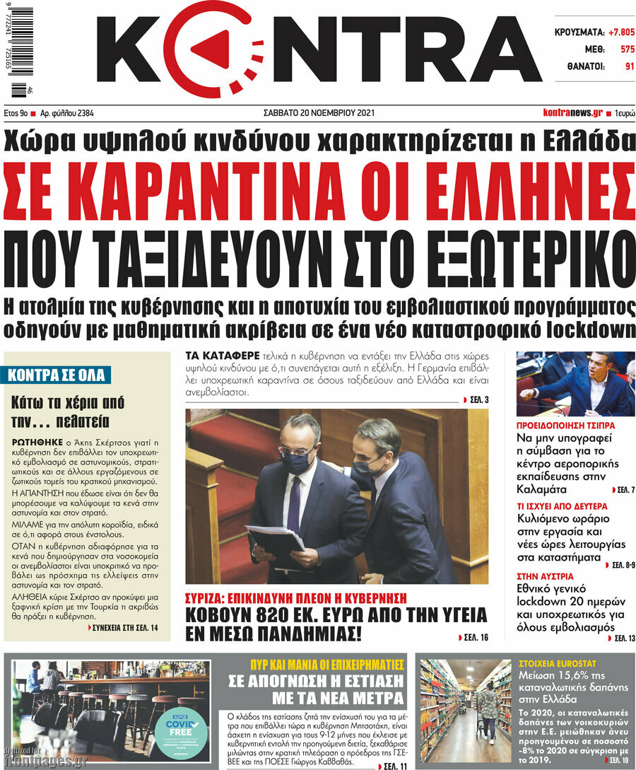 Πρωτοσέλιδο - Εφημερίδα Kontra News 20/11/2021 - Σε καραντίνα οι ...