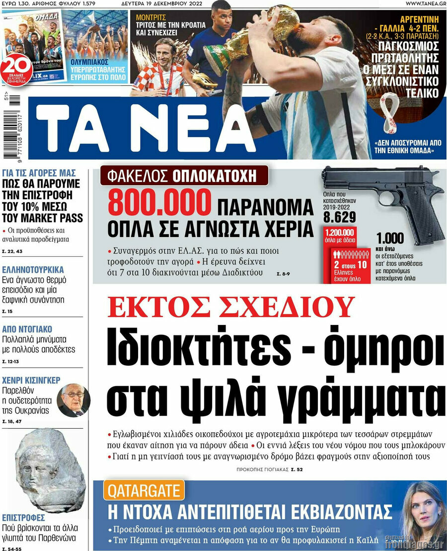 Πρωτοσέλιδο - Εφημερίδα Τα Νέα 19/12/2022 - Εκτός σχεδίου: Ιδιοκτήτες ...