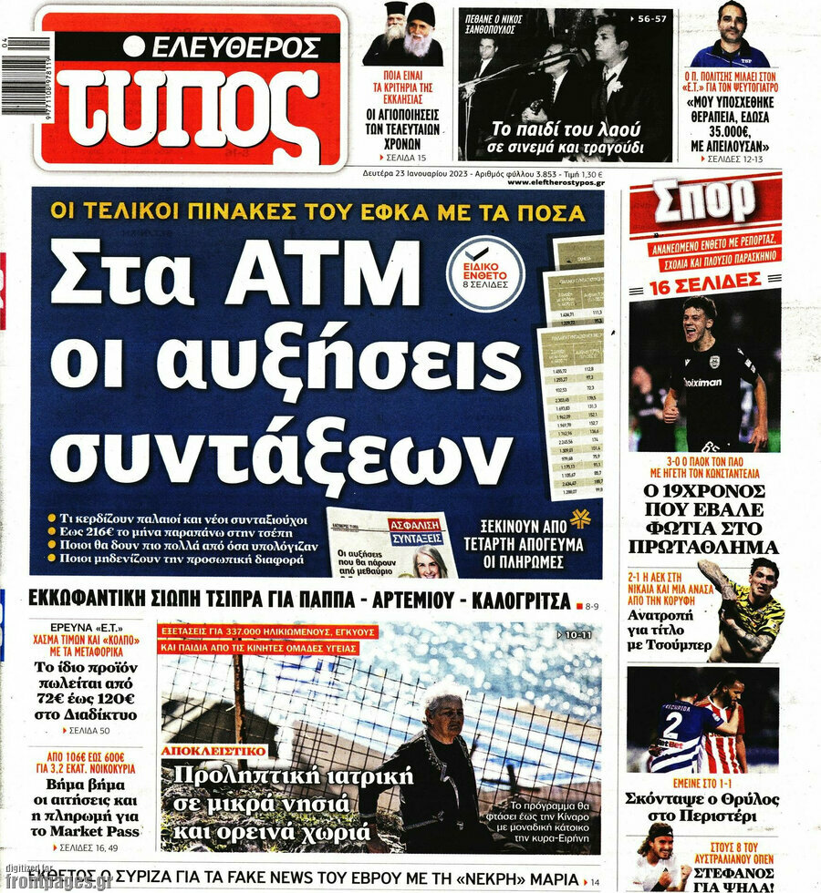 Πρωτοσέλιδο - Εφημερίδα Ελεύθερος Τύπος 23/1/2023 - Στα ΑΤΜ οι αυξήσεις ...