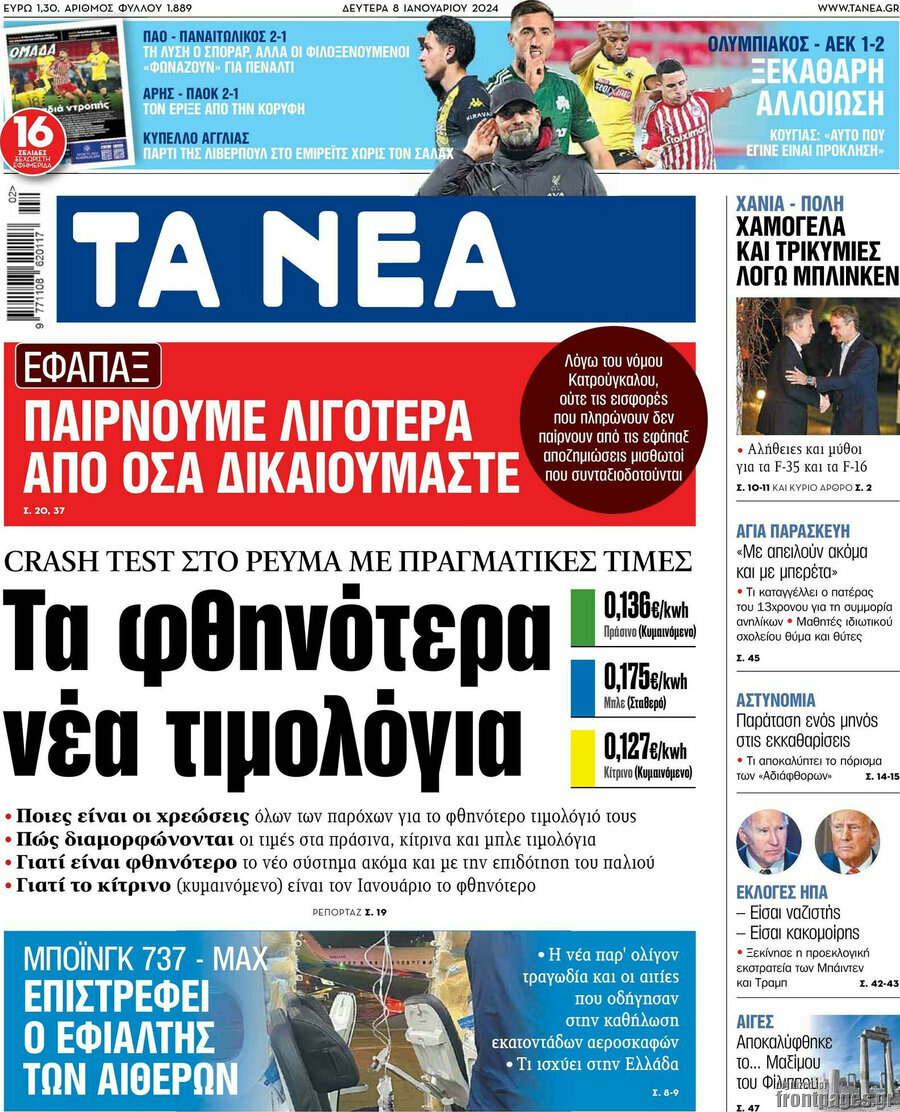 Πρωτοσέλιδο - Εφημερίδα Τα Νέα - 8/1/2024 - Τα φθηνότερα νέα τιμολόγια