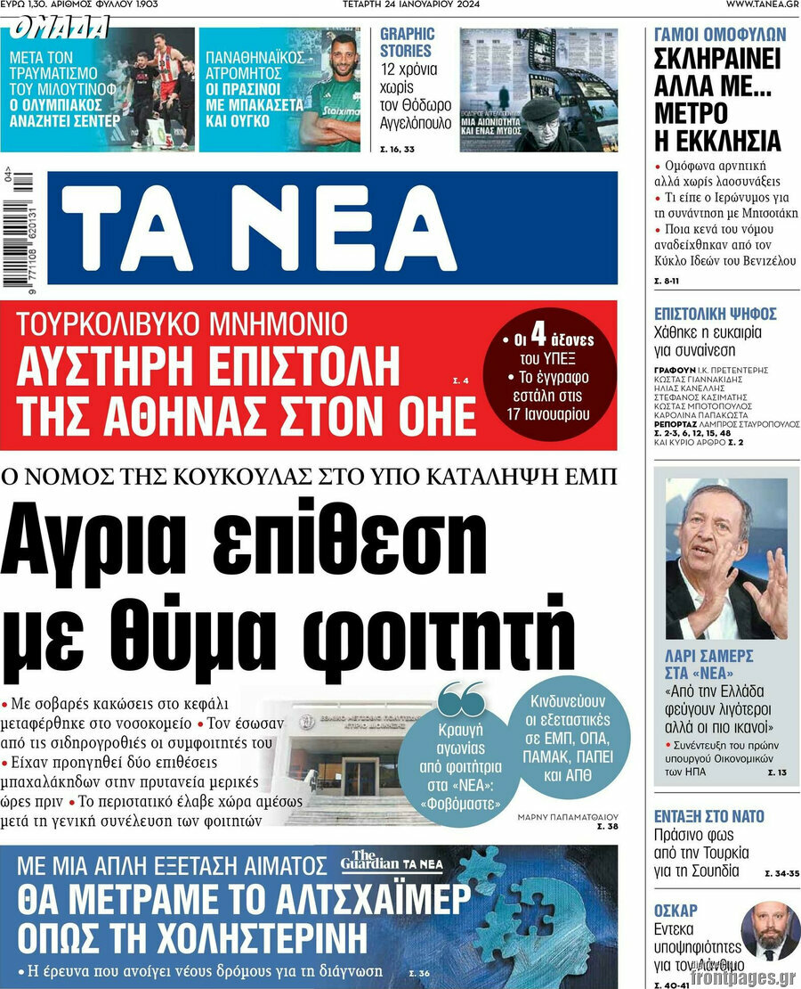 Πρωτοσέλιδο - Εφημερίδα Τα Νέα 24/1/2024 - Άγρια επίθεση με θύμα φοιτητή