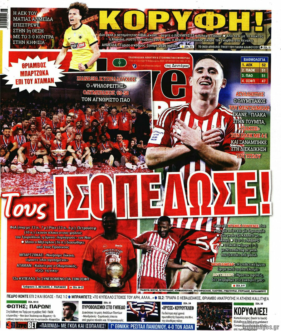 Πρωτοσέλιδο - Εφημερίδα Live Sport 19/2/2024