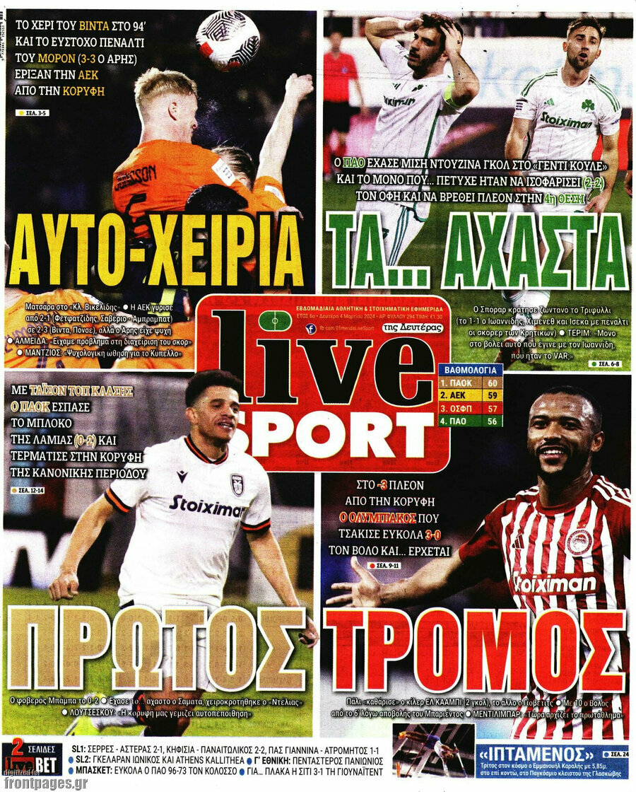 Πρωτοσέλιδο - Εφημερίδα Live Sport - 4/3/2024