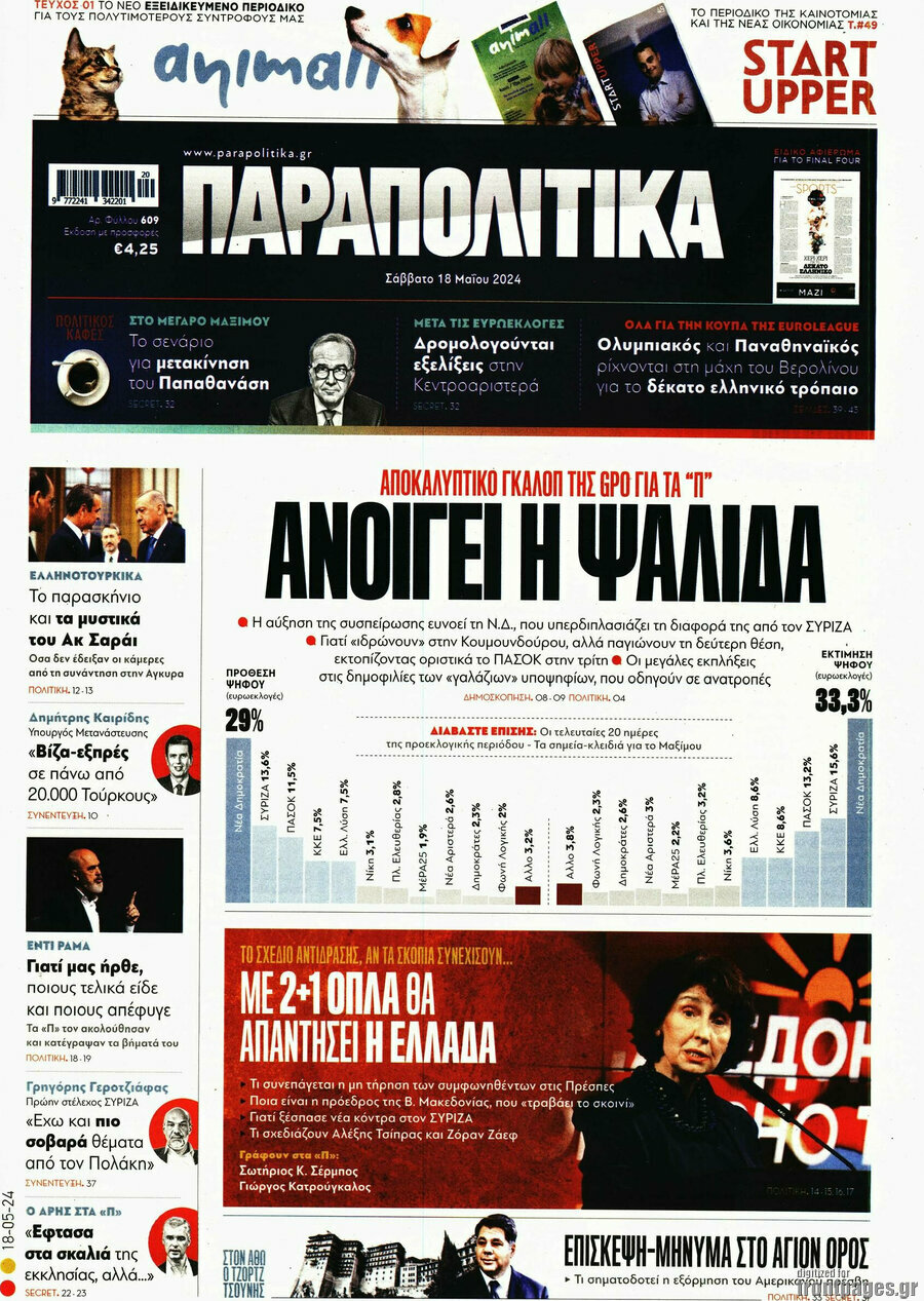 Πρωτοσέλιδο - Εφημερίδα Παραπολιτικά 18/5/2024 - Ανοίγει η ψαλίδα