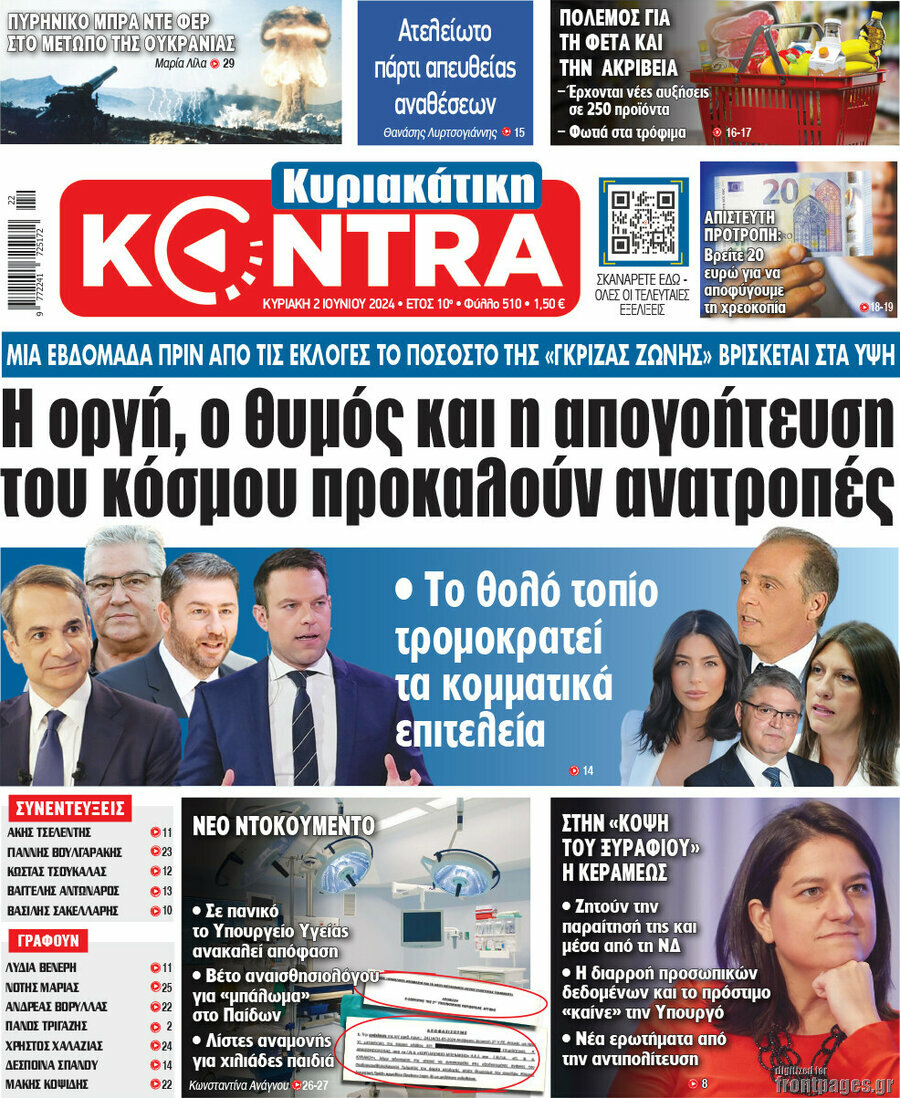 Πρωτοσέλιδο - Εφημερίδα Kontra News 2/6/2024 - Η οργή, ο θυμός και η ...