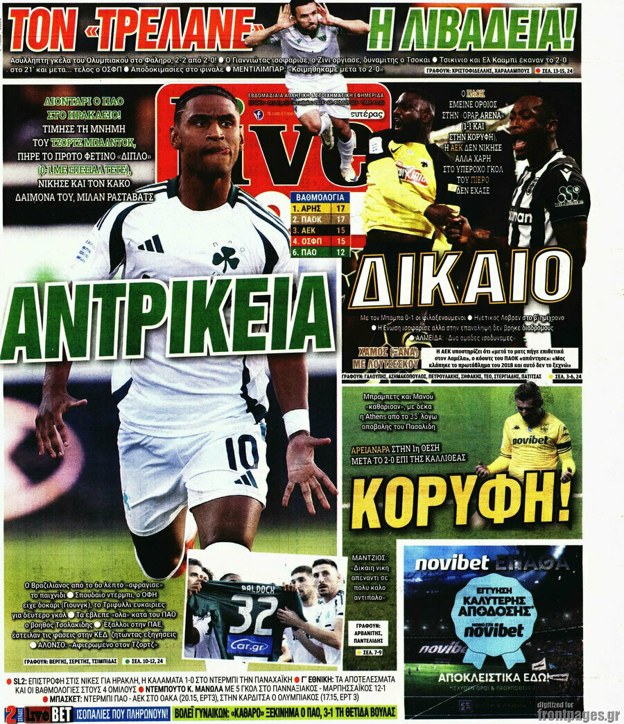 Πρωτοσέλιδο - Εφημερίδα Live Sport 21/10/2024