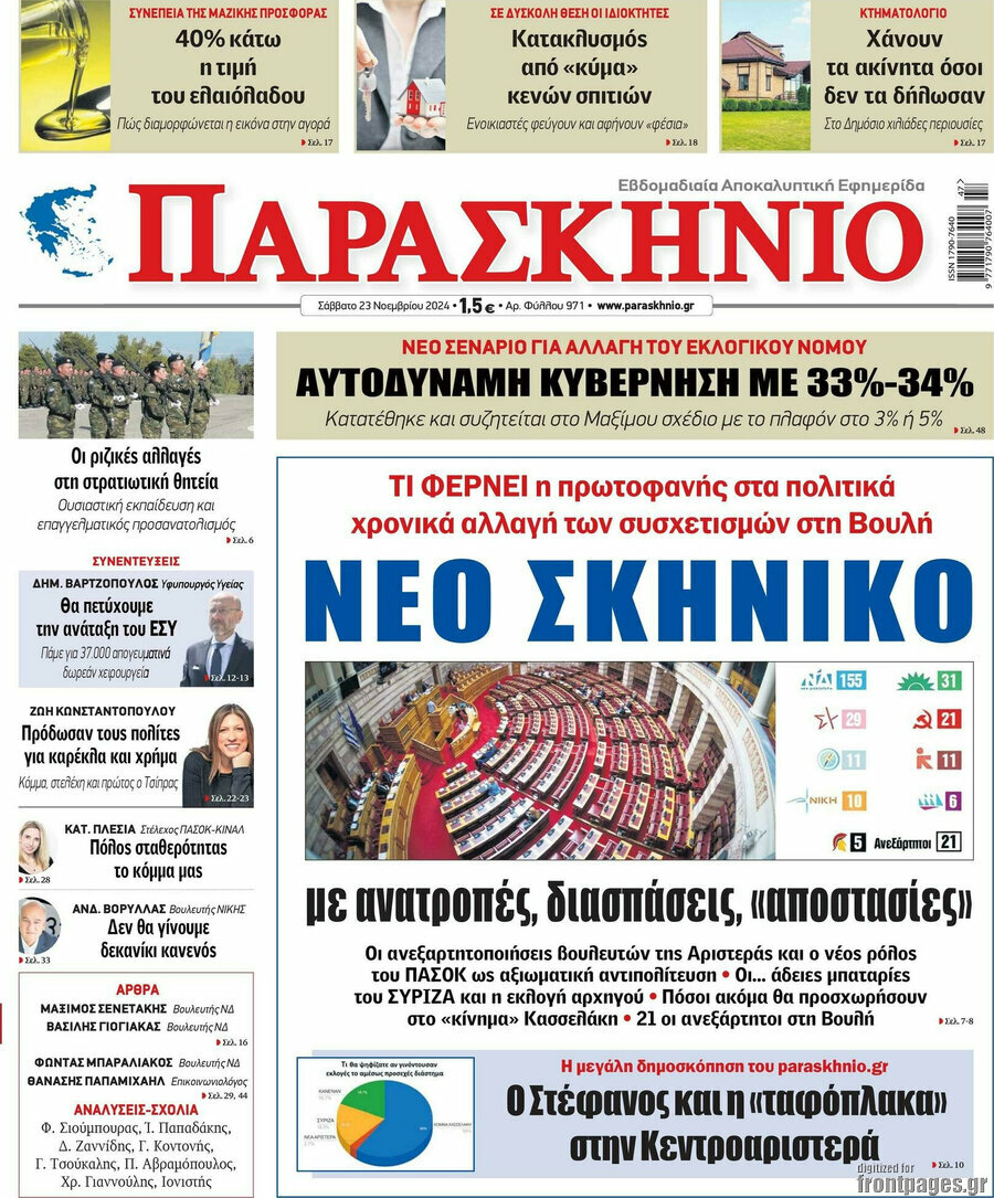 Πρωτοσέλιδο - Εφημερίδα Παρασκήνιο 23/11/2024