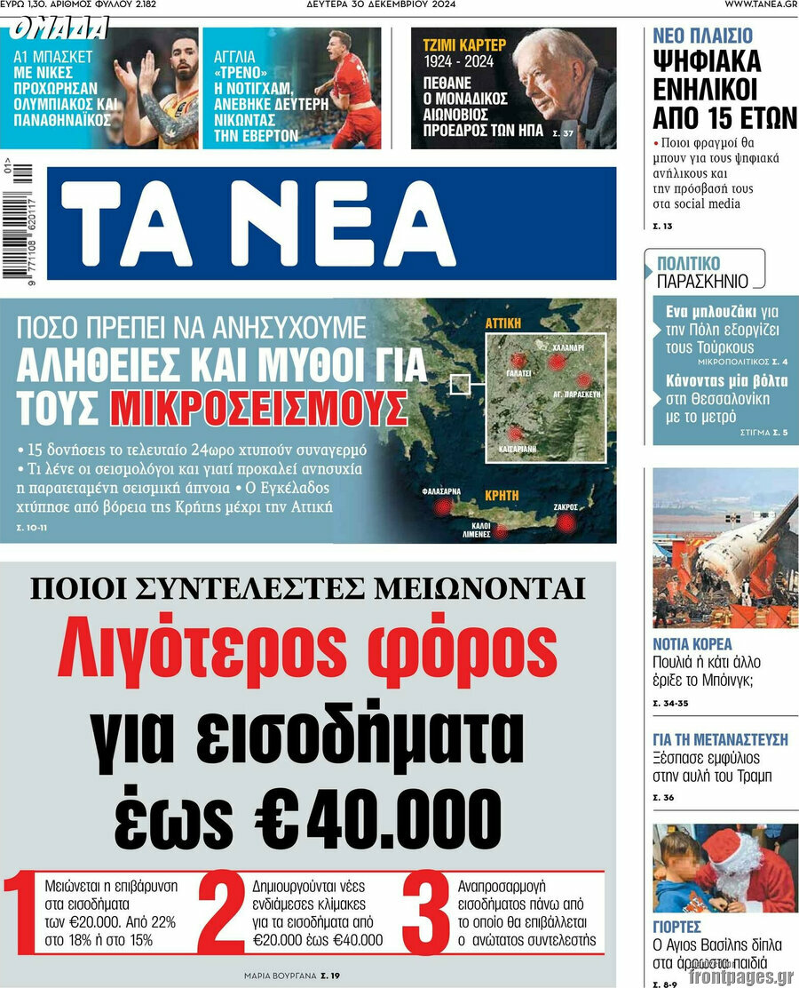 Πρωτοσέλιδο - Εφημερίδα Τα Νέα 30/12/2024 - Λιγότερος φόρος για ...