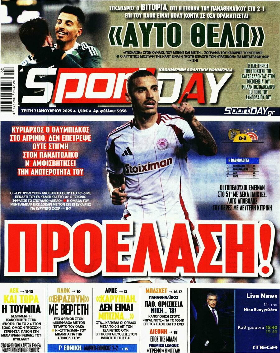 Πρωτοσέλιδο - Εφημερίδα Sport Day 7/1/2025