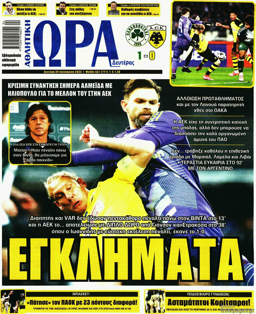 Πρωτοσέλιδο - Εφημερίδα Η Ώρα των Σπορ 20/1/2025