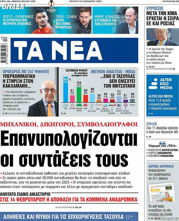 Πρωτοσέλιδα εφημερίδων – Πολιτικές, Αθλητικές, Οικονομικές | 23/1/2025 ...