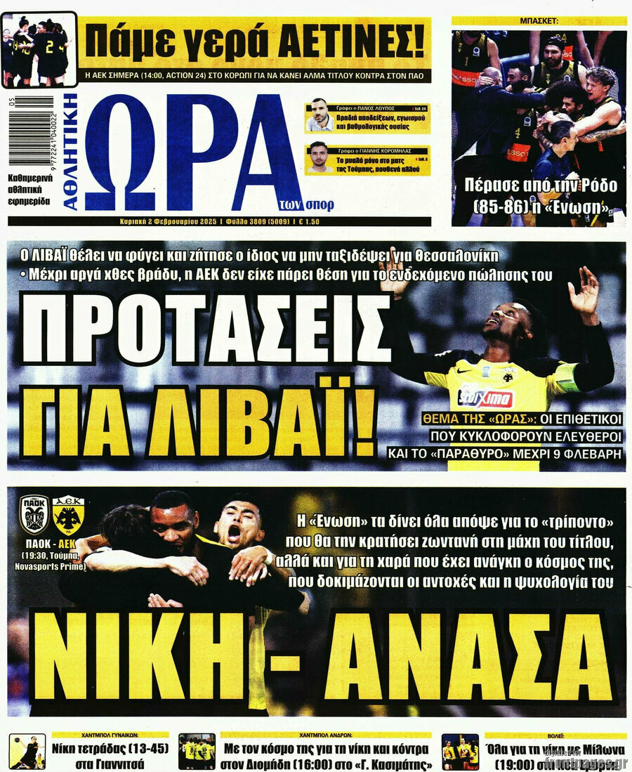 Πρωτοσέλιδο - Εφημερίδα Η Ώρα των Σπορ 2/2/2025