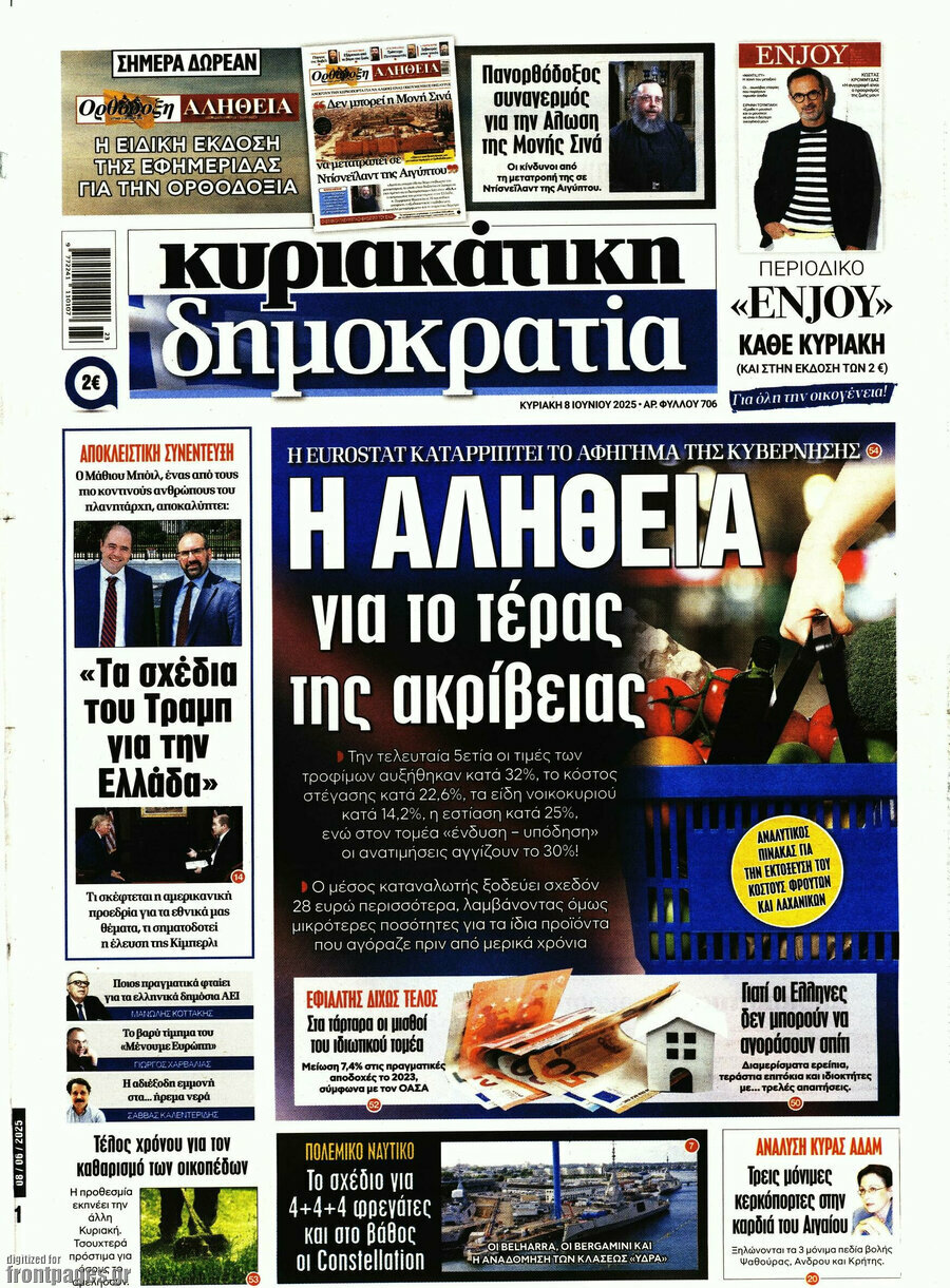 Πρωτοσέλιδο - Εφημερίδα Δημοκρατία 8/6/2025