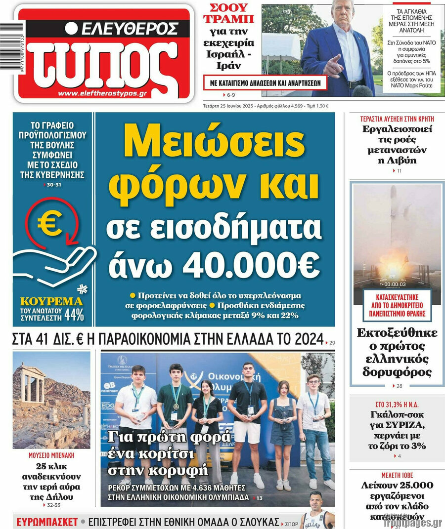 Πρωτοσέλιδο - Εφημερίδα Ελεύθερος Τύπος 25/6/2025 - Μειώσεις φόρων και ...