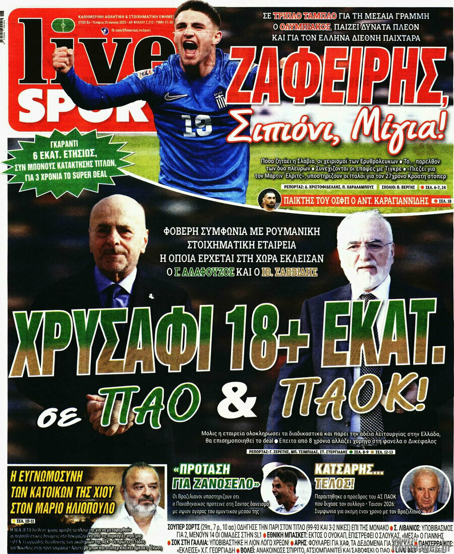 Πρωτοσέλιδο - Εφημερίδα Live Sport 25/6/2025
