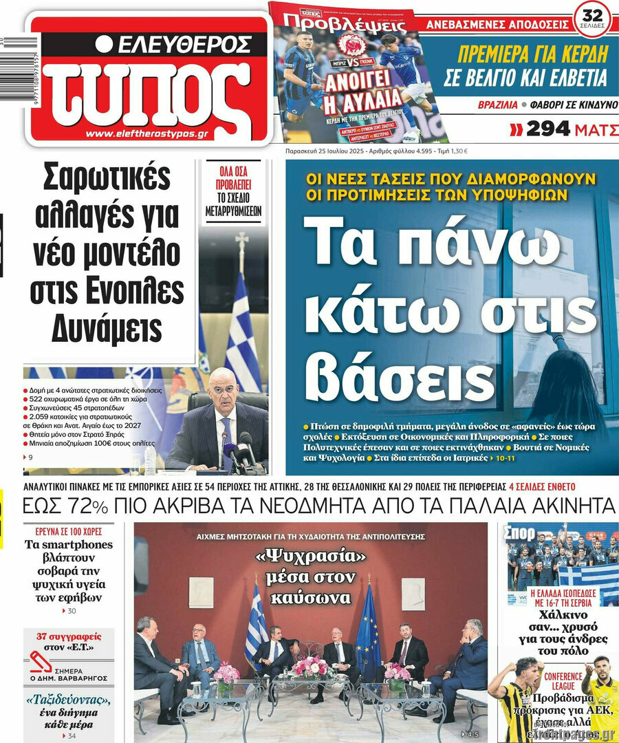 Πρωτοσέλιδο - Εφημερίδα Ελεύθερος Τύπος 25/7/2025 - Τα πάνω κάτω στις ...