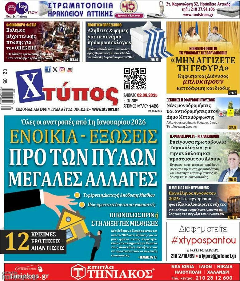 Πρωτοσέλιδο - Εφημερίδα Χτύπος 2/8/2025