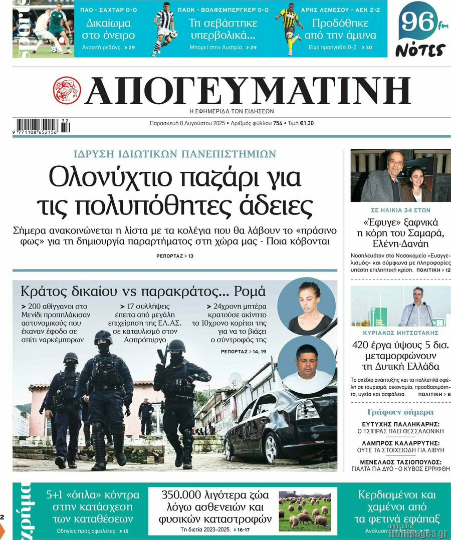 Πρωτοσέλιδο - Εφημερίδα Απογευματινή 8/8/2025 - Ολονύχτιο παζάρι για ...
