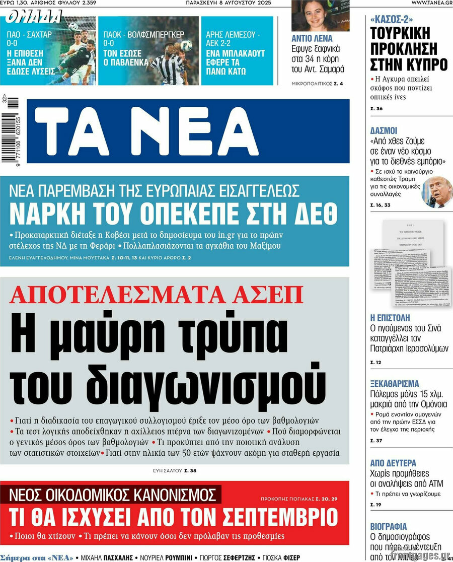 Πρωτοσέλιδο - Εφημερίδα Τα Νέα 8/8/2025 - Η μαύρη τρύπα του διαγωνισμού