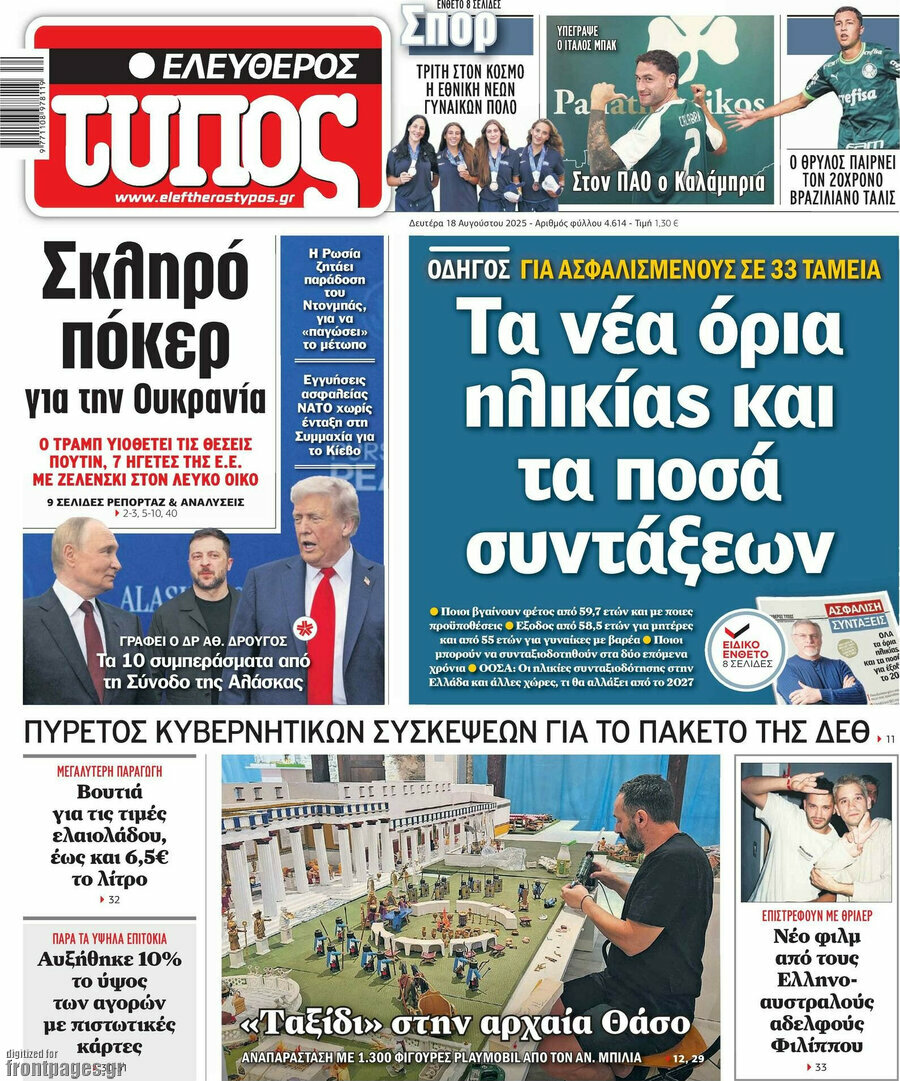 Πρωτοσέλιδο - Εφημερίδα Ελεύθερος Τύπος 18/8/2025 - Τα νέα όρια ηλικίας ...