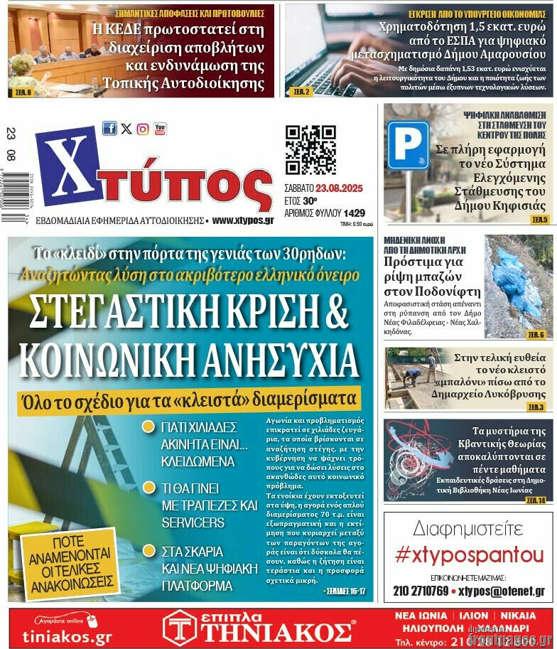 Πρωτοσέλιδο - Εφημερίδα Χτύπος 23/8/2025