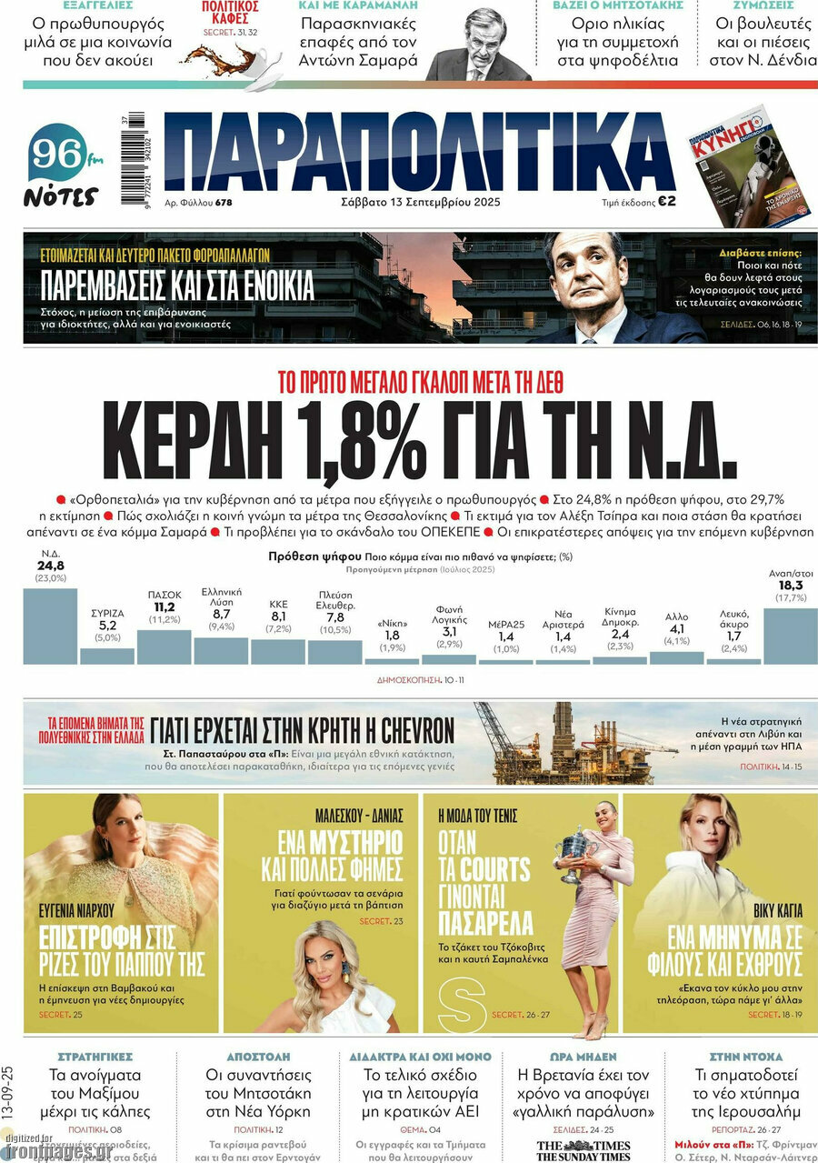 Πρωτοσέλιδο - Εφημερίδα Παραπολιτικά 13/9/2025 - Κέρδη 1,8% για τη Ν.Δ.