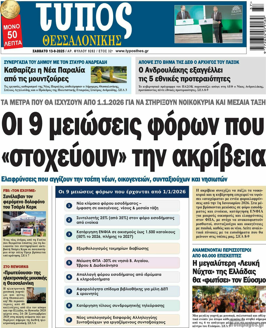 Πρωτοσέλιδο - Εφημερίδα Τύπος Θεσσαλονίκης 13/9/2025