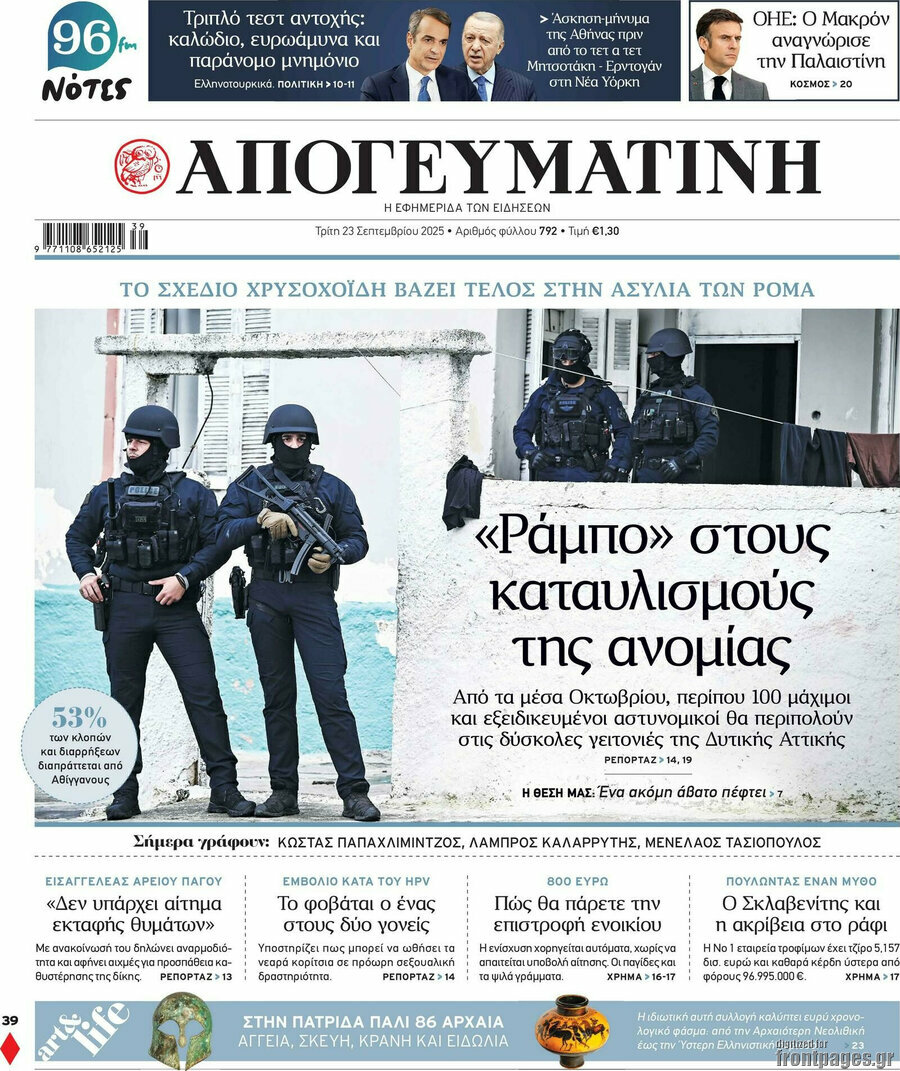 Πρωτοσέλιδο - Εφημερίδα Απογευματινή 23/9/2025 - «Ράμπο» στους ...