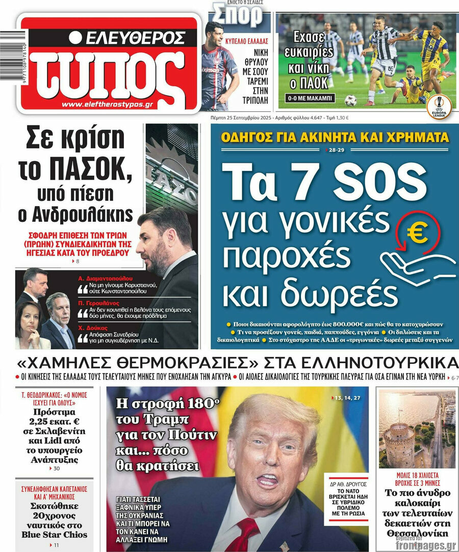Πρωτοσέλιδο - Εφημερίδα Ελεύθερος Τύπος 25/9/2025 - Τα 7 SOS για ...