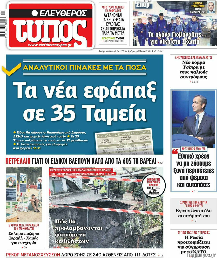 Πρωτοσέλιδο - Εφημερίδα Ελεύθερος Τύπος 8/10/2025 - Τα νέα εφάπαξ σε 35 ...