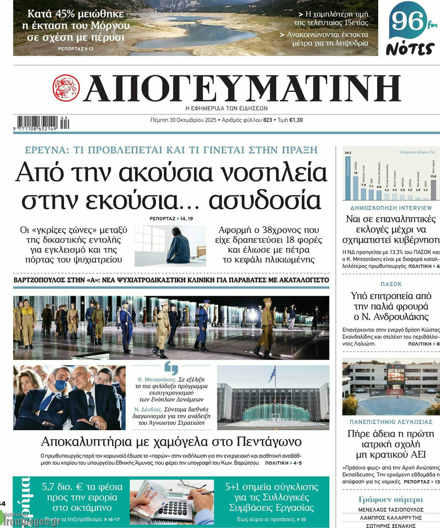 Πρωτοσέλιδο - Εφημερίδα Απογευματινή 30/10/2025 - Από την ακούσια ...
