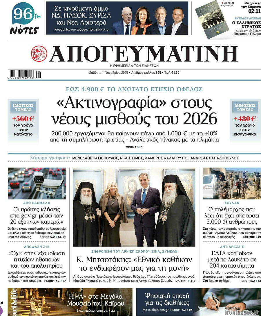 Πρωτοσέλιδο - Εφημερίδα Απογευματινή 1/11/2025 - «Ακτινογραφία» στους ...