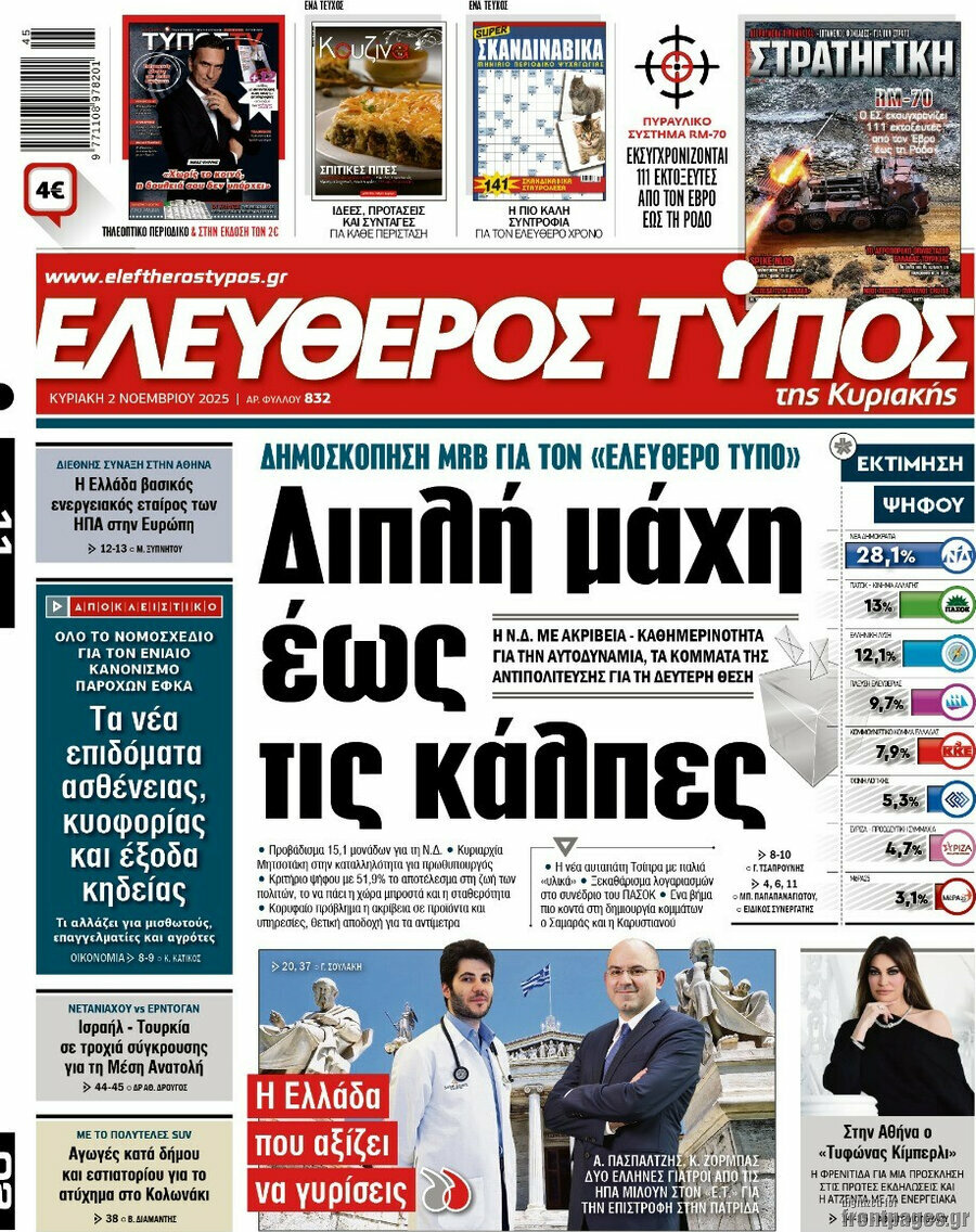 Πρωτοσέλιδο - Εφημερίδα Ελεύθερος Τύπος 2/11/2025 - Διπλή μάχη έως τις ...
