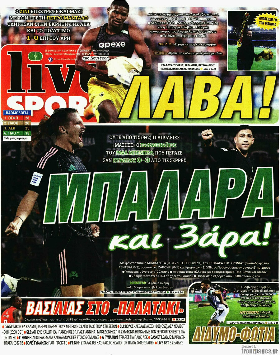 Πρωτοσέλιδο - Εφημερίδα Live Sport 24/11/2025