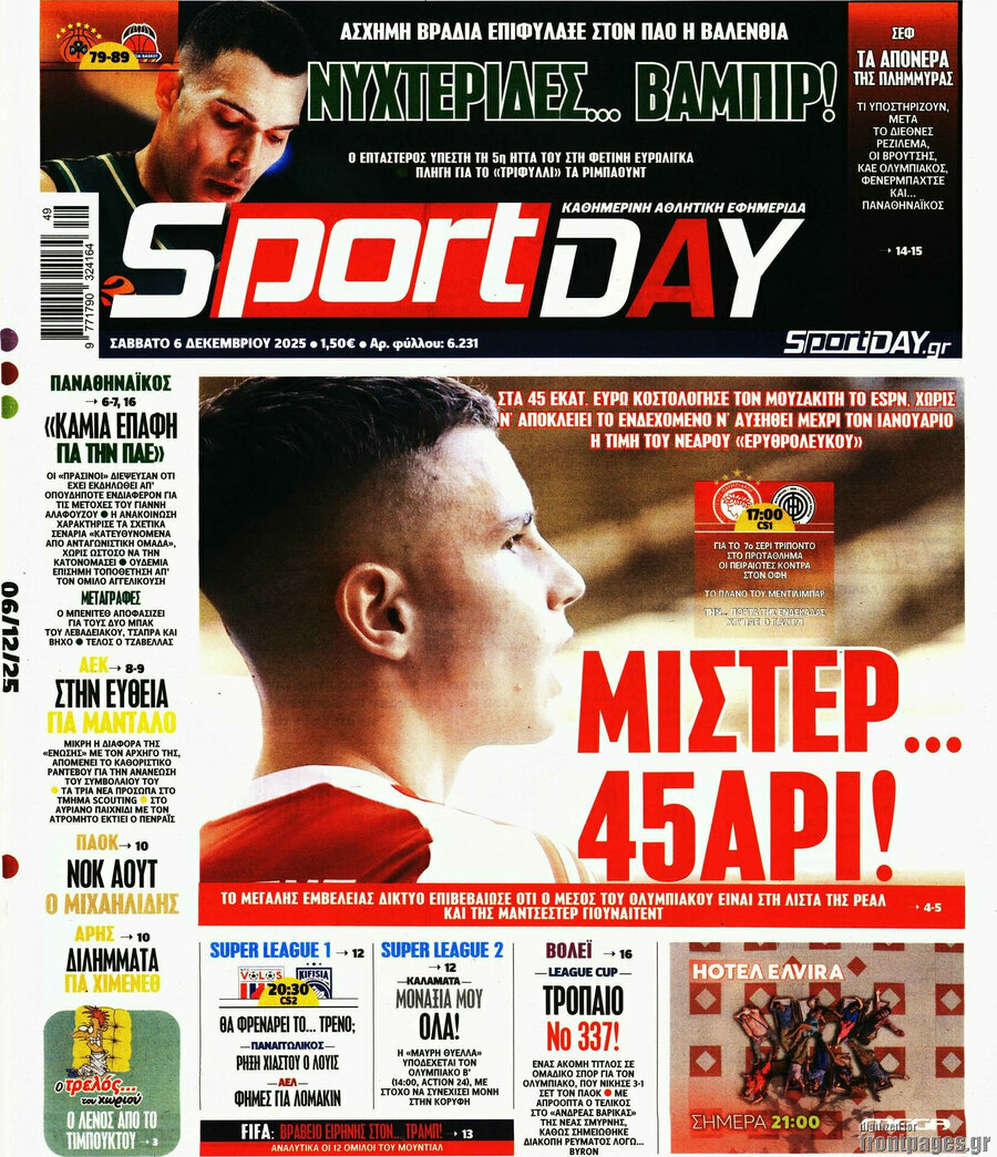 Πρωτοσέλιδο - Εφημερίδα Sport Day 6/12/2025