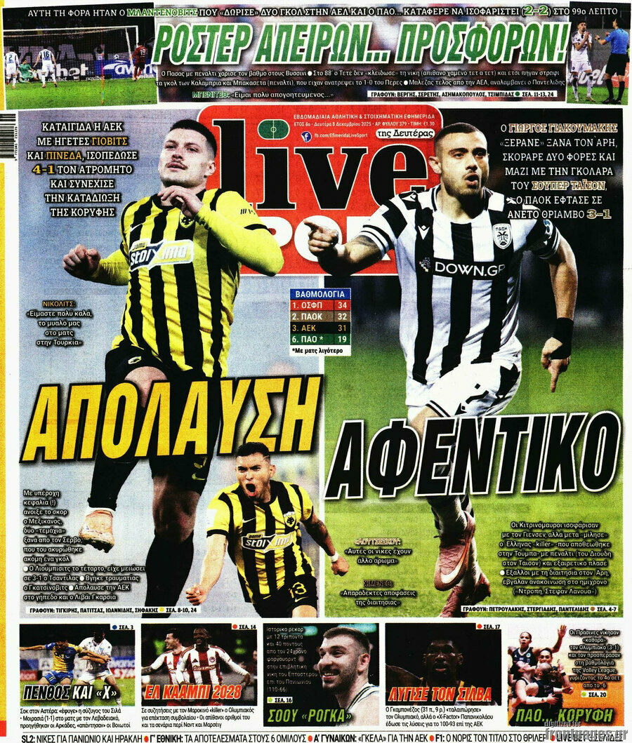 Πρωτοσέλιδο - Εφημερίδα Live Sport 8/12/2025