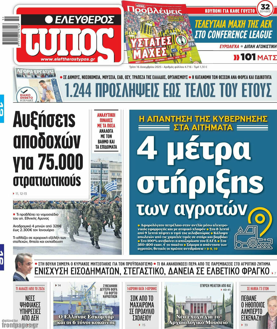 Πρωτοσέλιδο - Εφημερίδα Ελεύθερος Τύπος 16/12/2025 - 4 μέτρα στήριξης ...