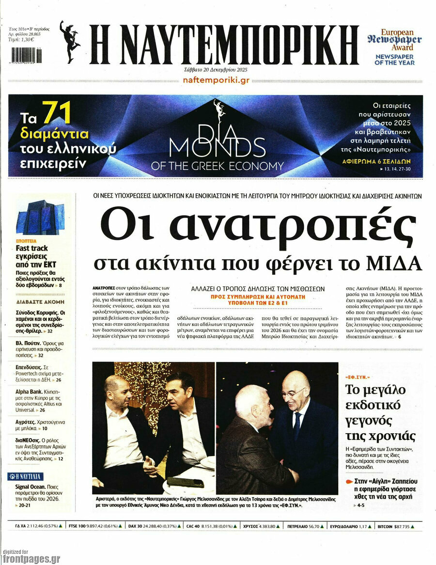 Πρωτοσέλιδο - Εφημερίδα Η Ναυτεμπορική 20/12/2025 - Οι ανατροπές στα ...