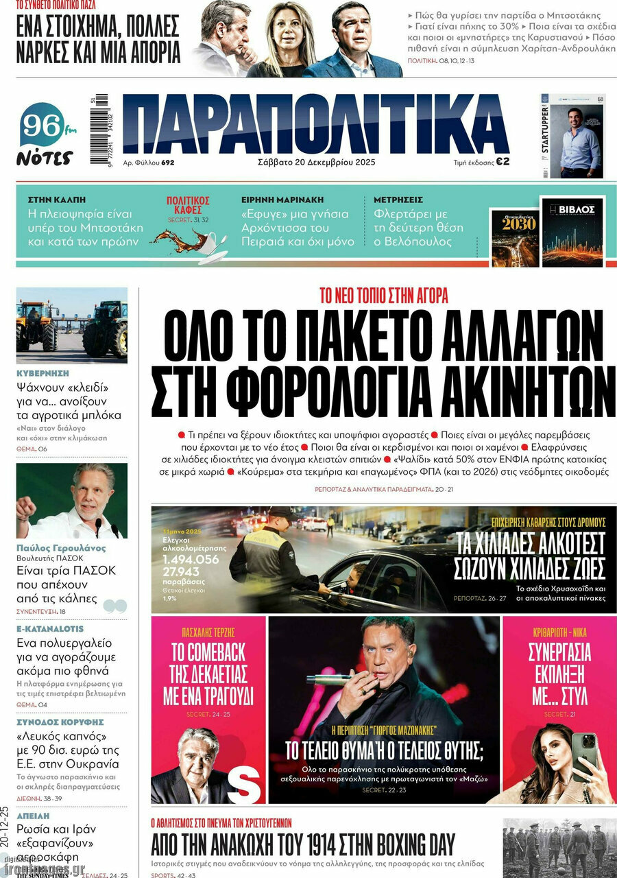Πρωτοσέλιδο - Εφημερίδα Παραπολιτικά 20/12/2025 - Ολο το πακετο αλλαγων ...