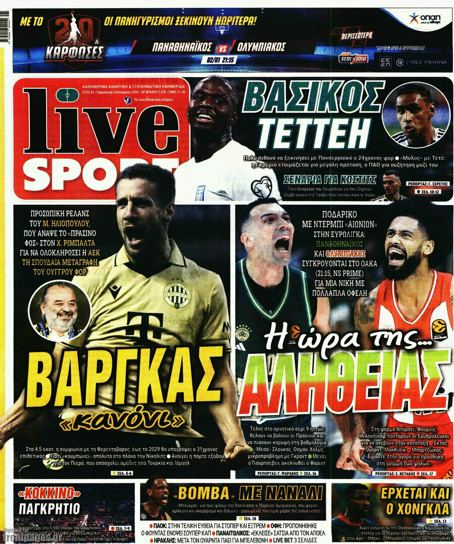 Πρωτοσέλιδο - Εφημερίδα Live Sport 2/1/2026