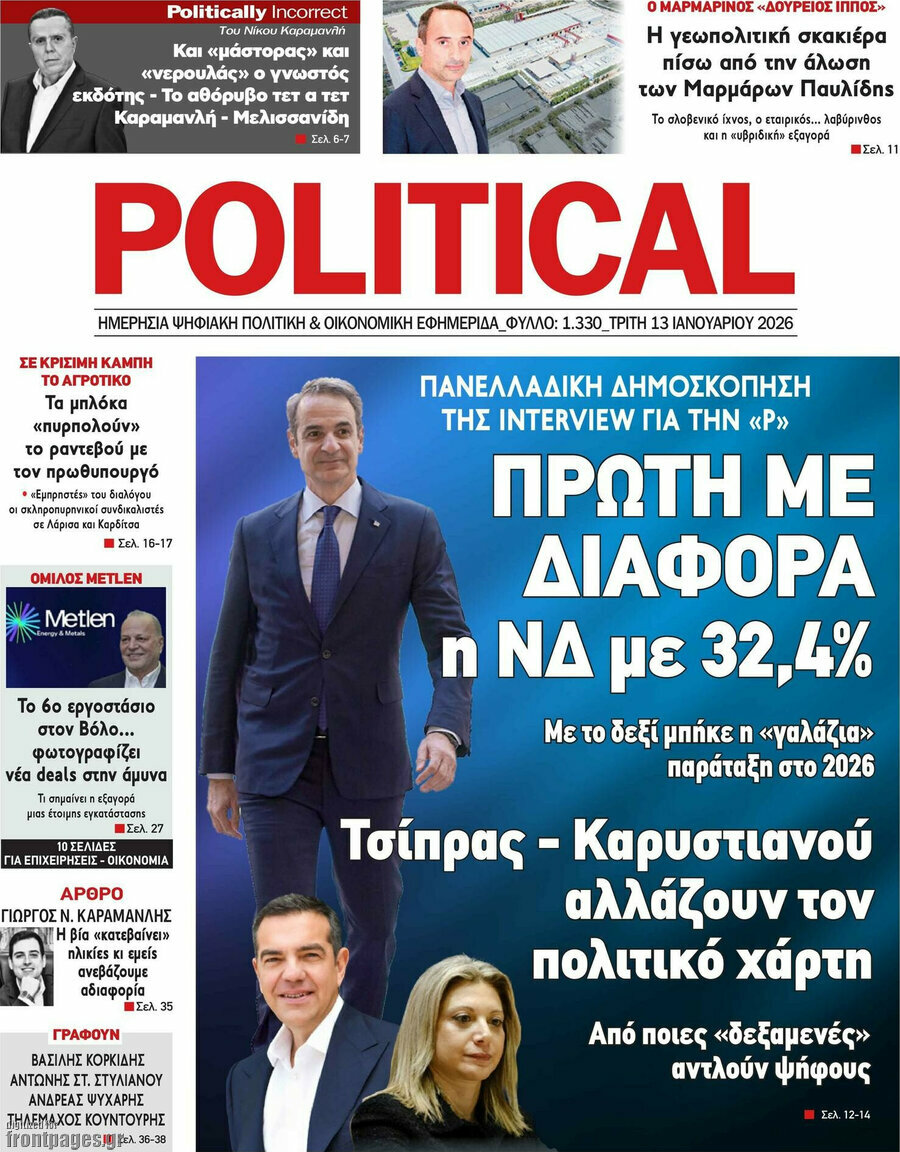 Πρωτοσέλιδο - Εφημερίδα Political 13/1/2026