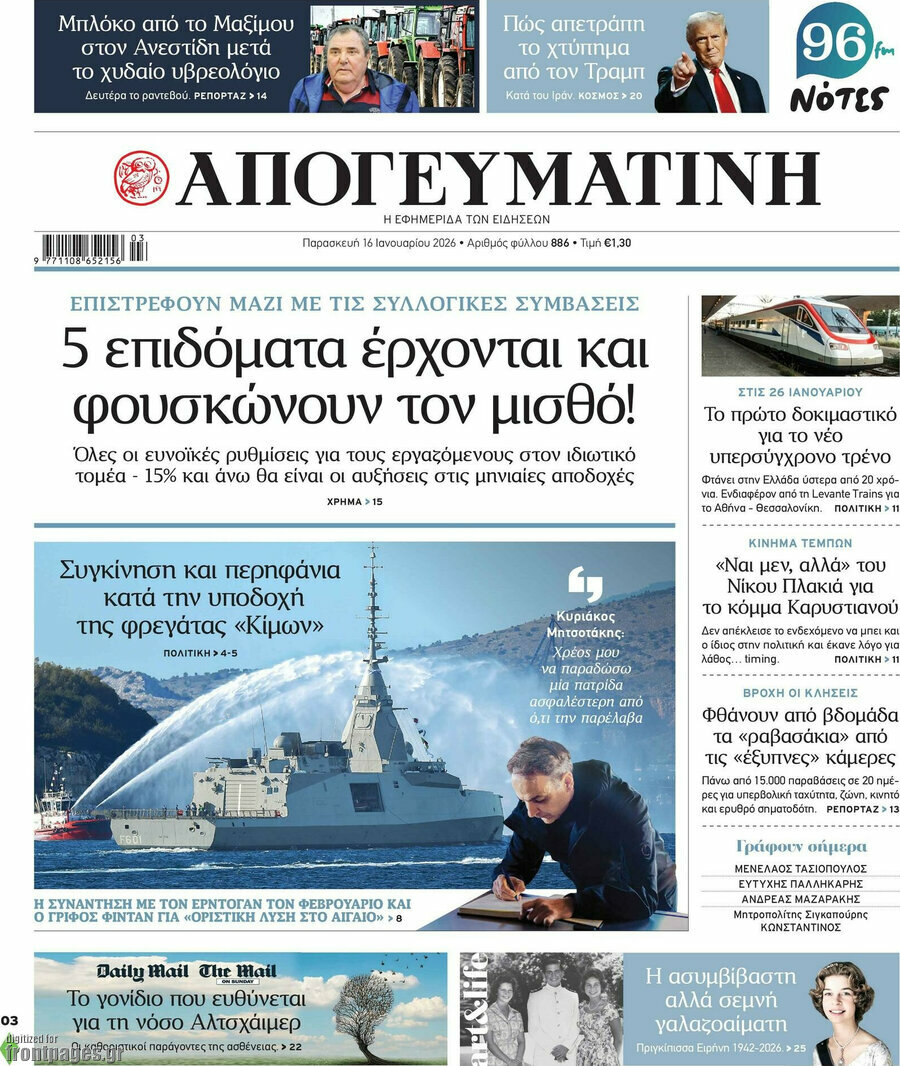 Πρωτοσέλιδο - Εφημερίδα Απογευματινή 16/1/2026 - 5 επιδόματα έρχονται ...