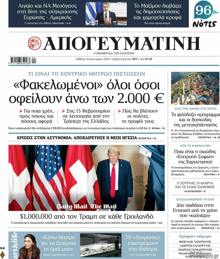 Πρωτοσέλιδο - Εφημερίδα Απογευματινή 24/1/2026 - «Φακελωμένοι» όλοι ...