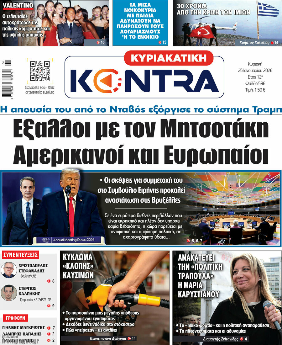 Πρωτοσέλιδο - Εφημερίδα Kontra News 25/1/2026 - Εξαλλοι με τον ...